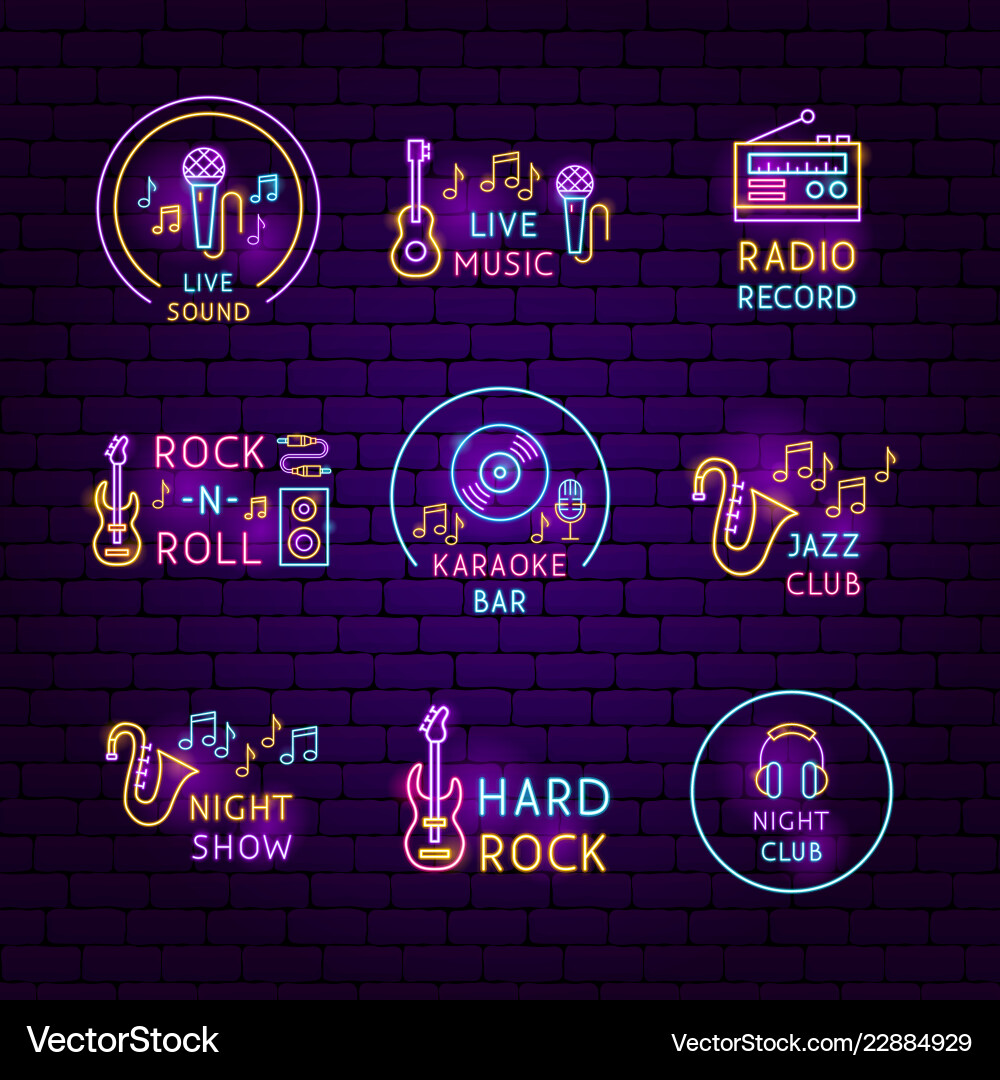 Music neon label set Royalty Free Vector Image
