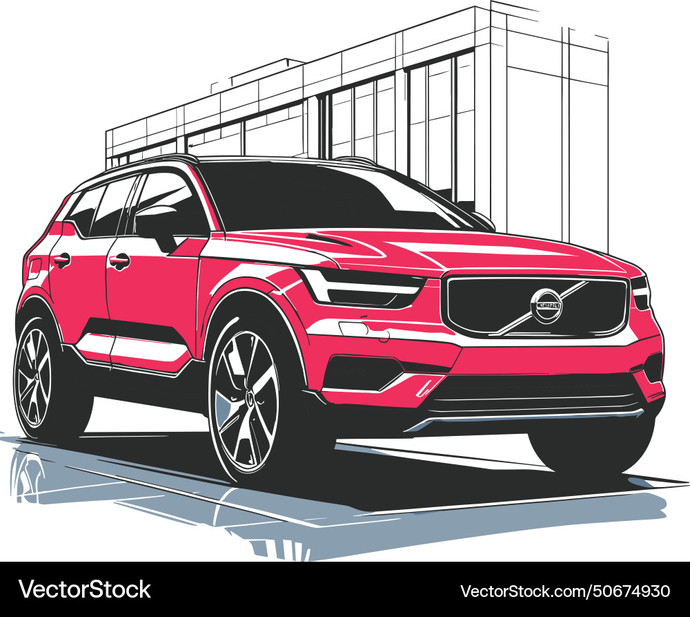 Red car with outline building Royalty Free Vector Image
