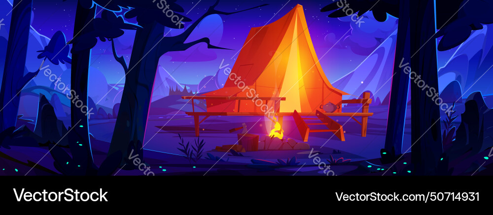 Camping area with tent campfire at night Vector Image