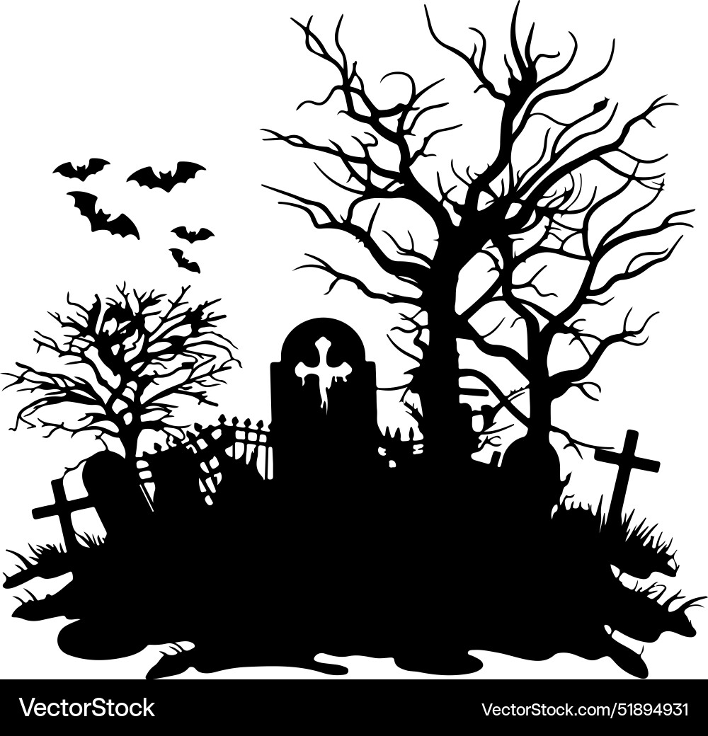 Halloween graveyard silhouette white background Vector Image