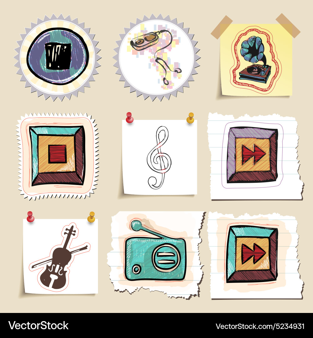 Hand drawn music emblems set isolated Royalty Free Vector