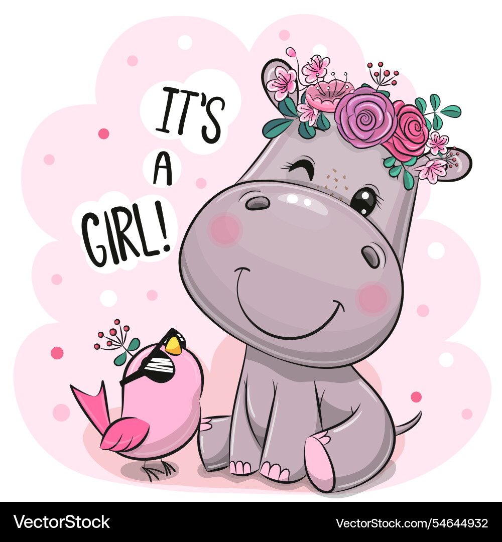 Greeting card with hippo and bird Royalty Free Vector Image