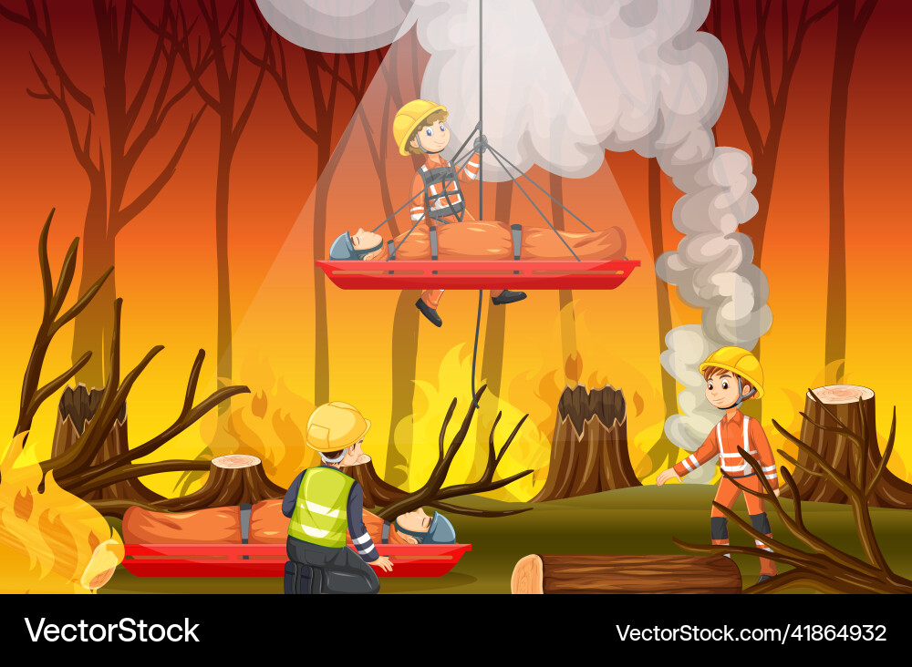 Wildfire scene with firerman rescue in cartoon Vector Image