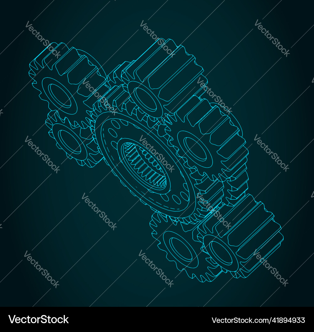 Gear transmission isometric blueprints Royalty Free Vector