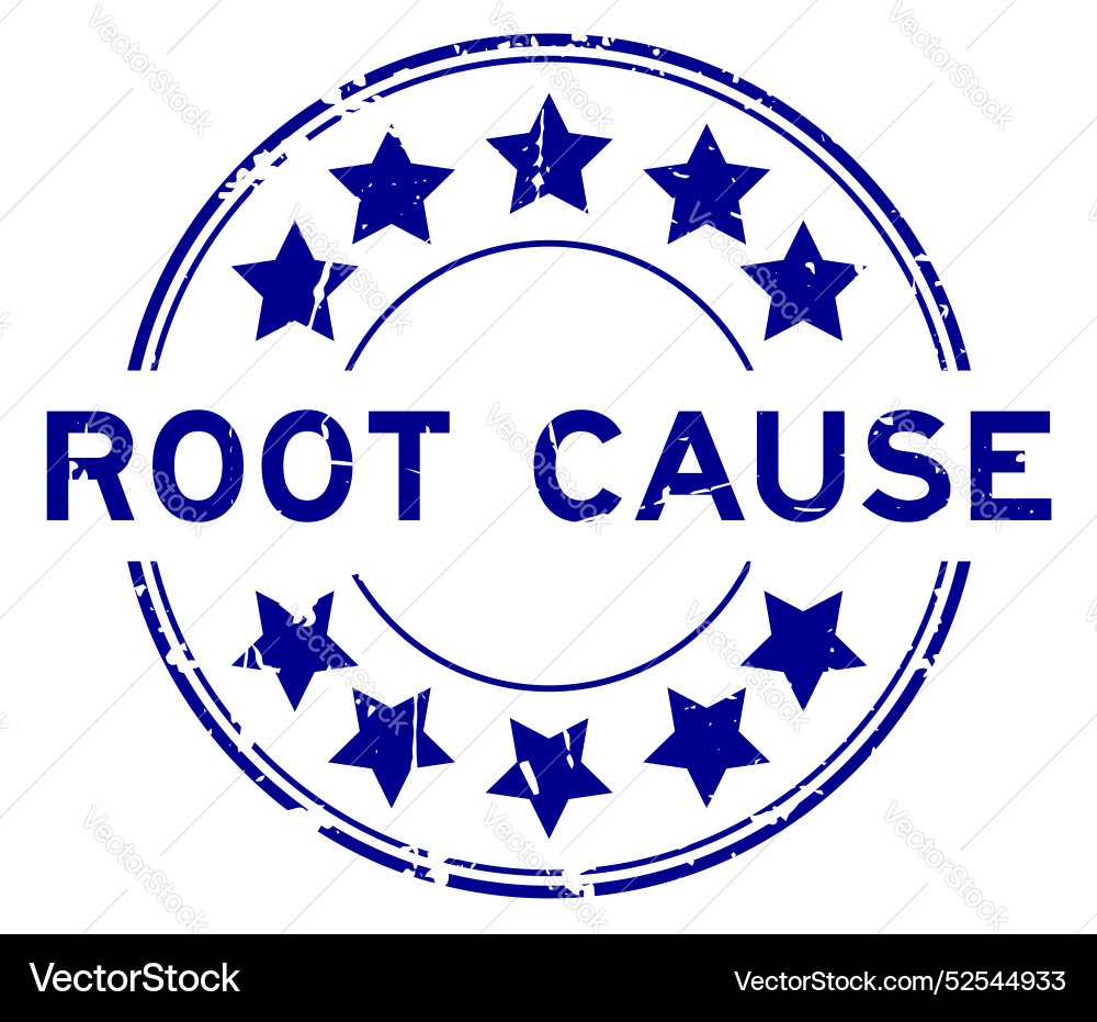 Grunge blue root cause word with star icon round Vector Image