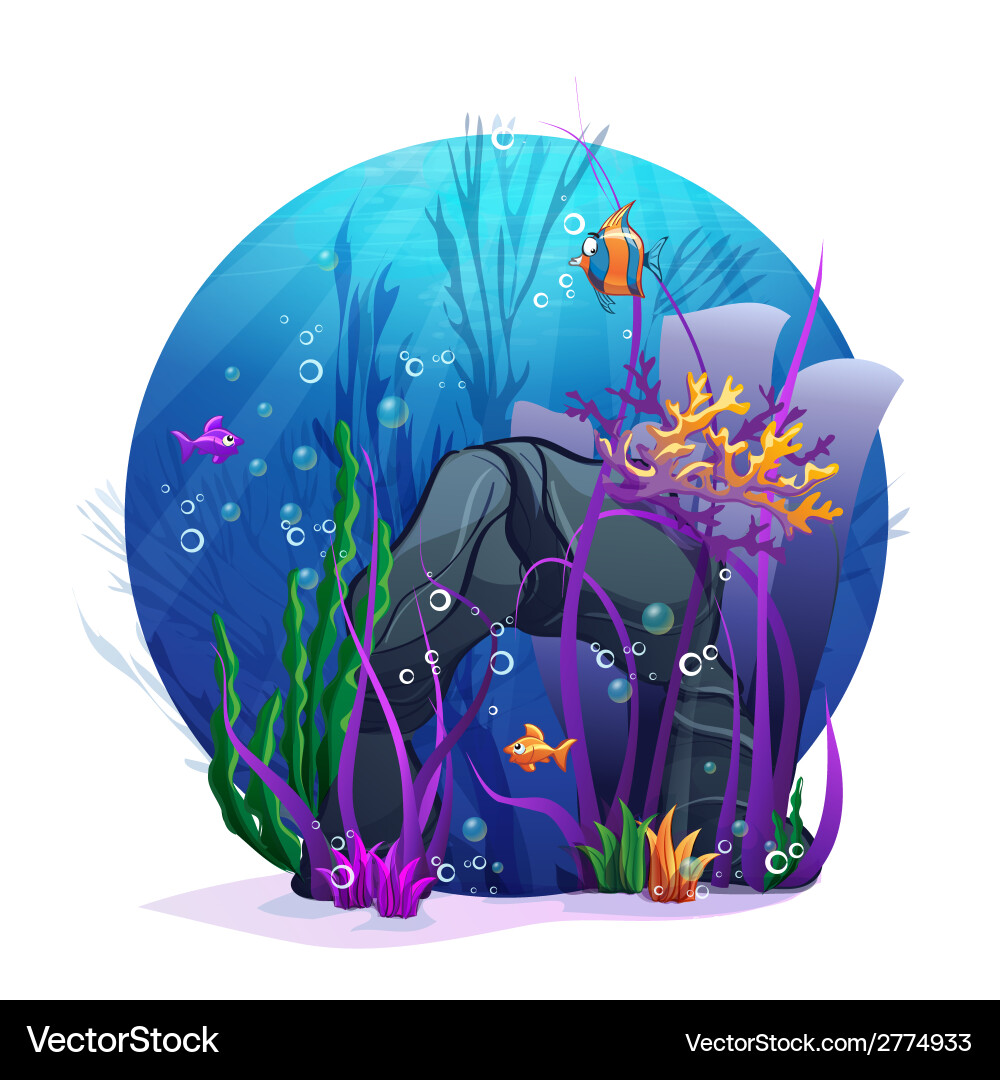 Underwater rocks with seaweed and fish fun Vector Image