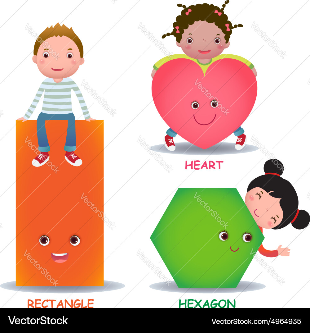 Cute little cartoon kids with basic shapes heart Vector Image