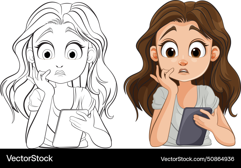 Cartoon girl thinking deeply holding a book Vector Image