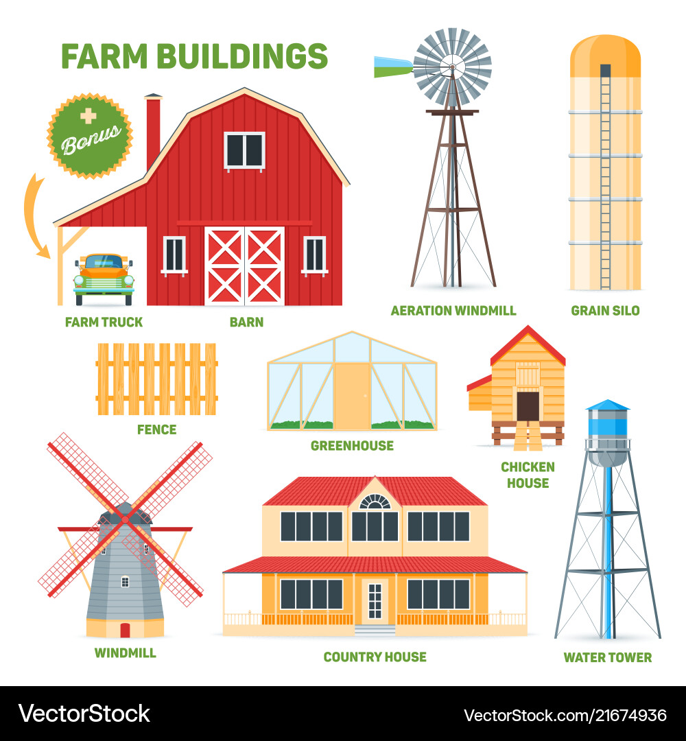 Farm buildings set Royalty Free Vector Image - VectorStock