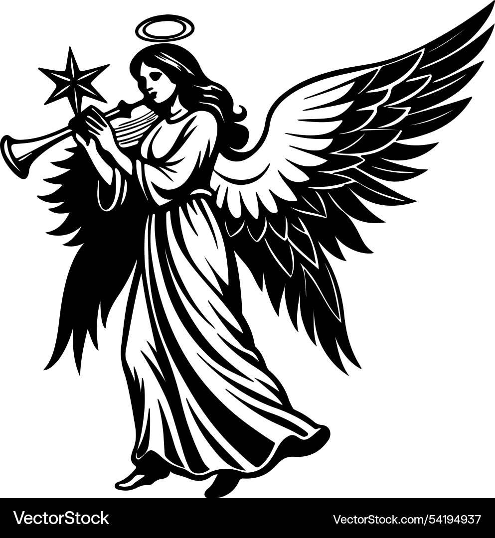 Angel with large wings holding a star Royalty Free Vector