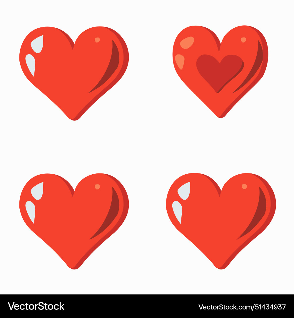 Four red hearts cartoon style isolated white Vector Image