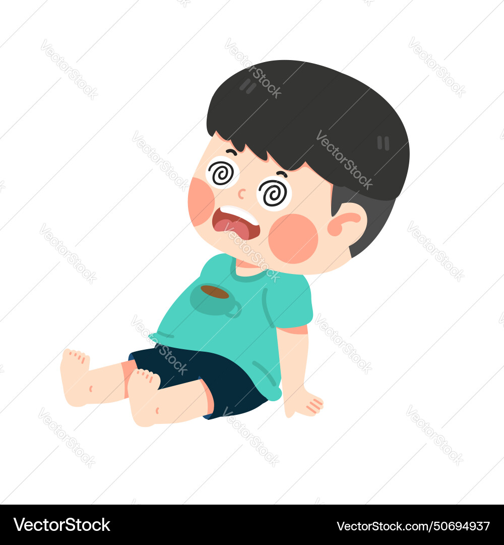 Kid boy with dizziness sitting on floor Royalty Free Vector
