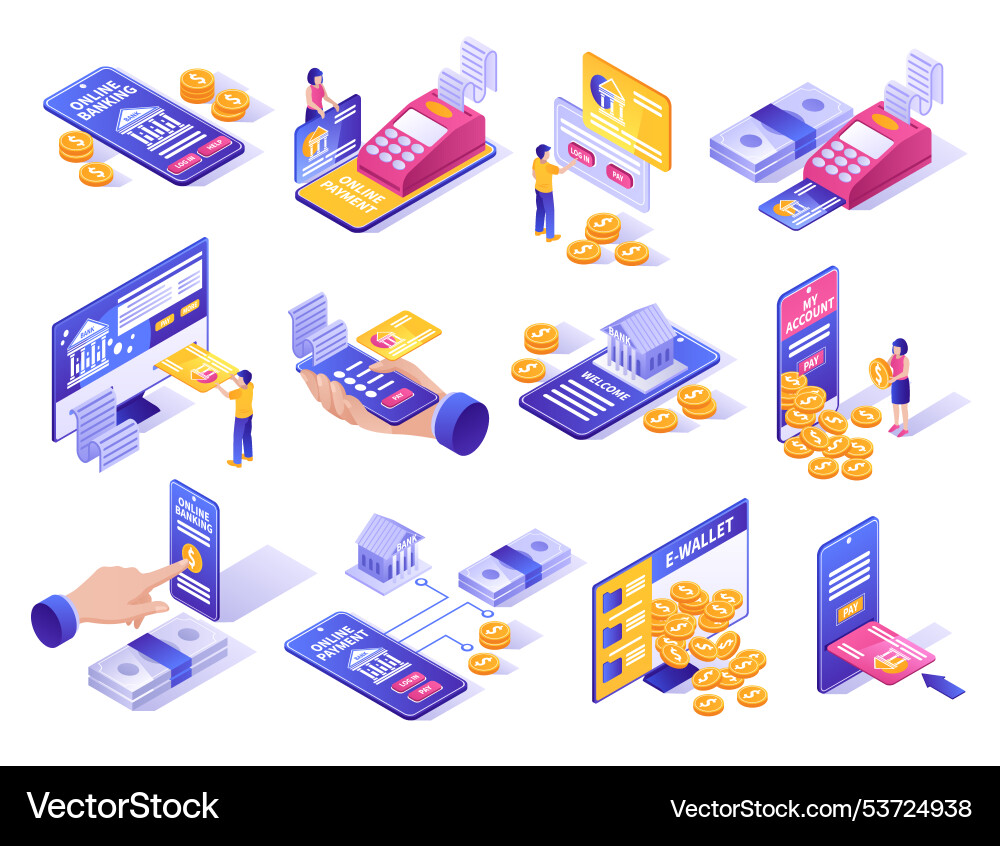 Isometric mobile and digital banking services set Vector Image