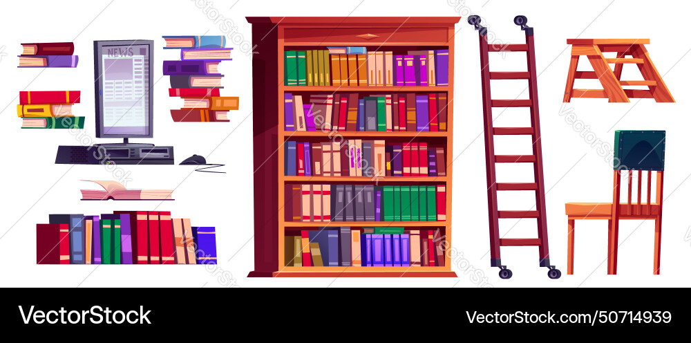 Library furniture set isolated on white background