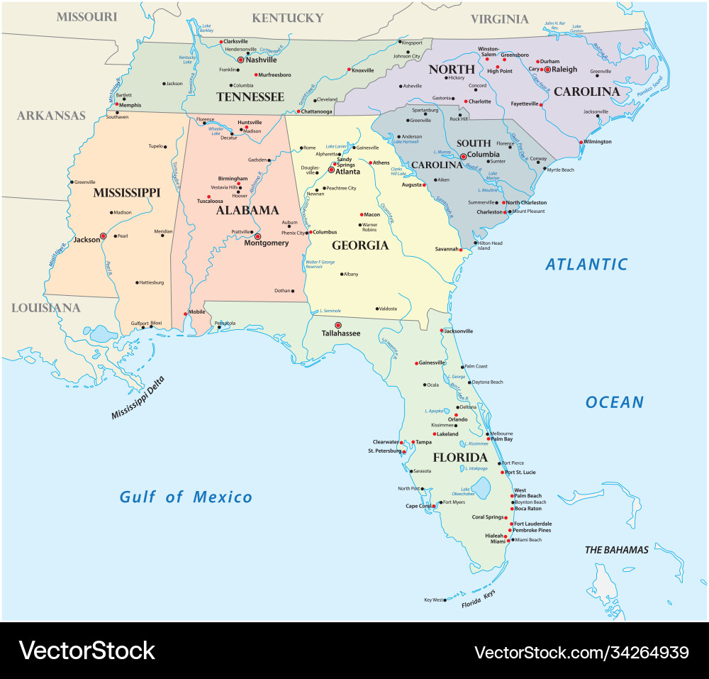 Southeastern US States Map Royalty Free Vector Image
