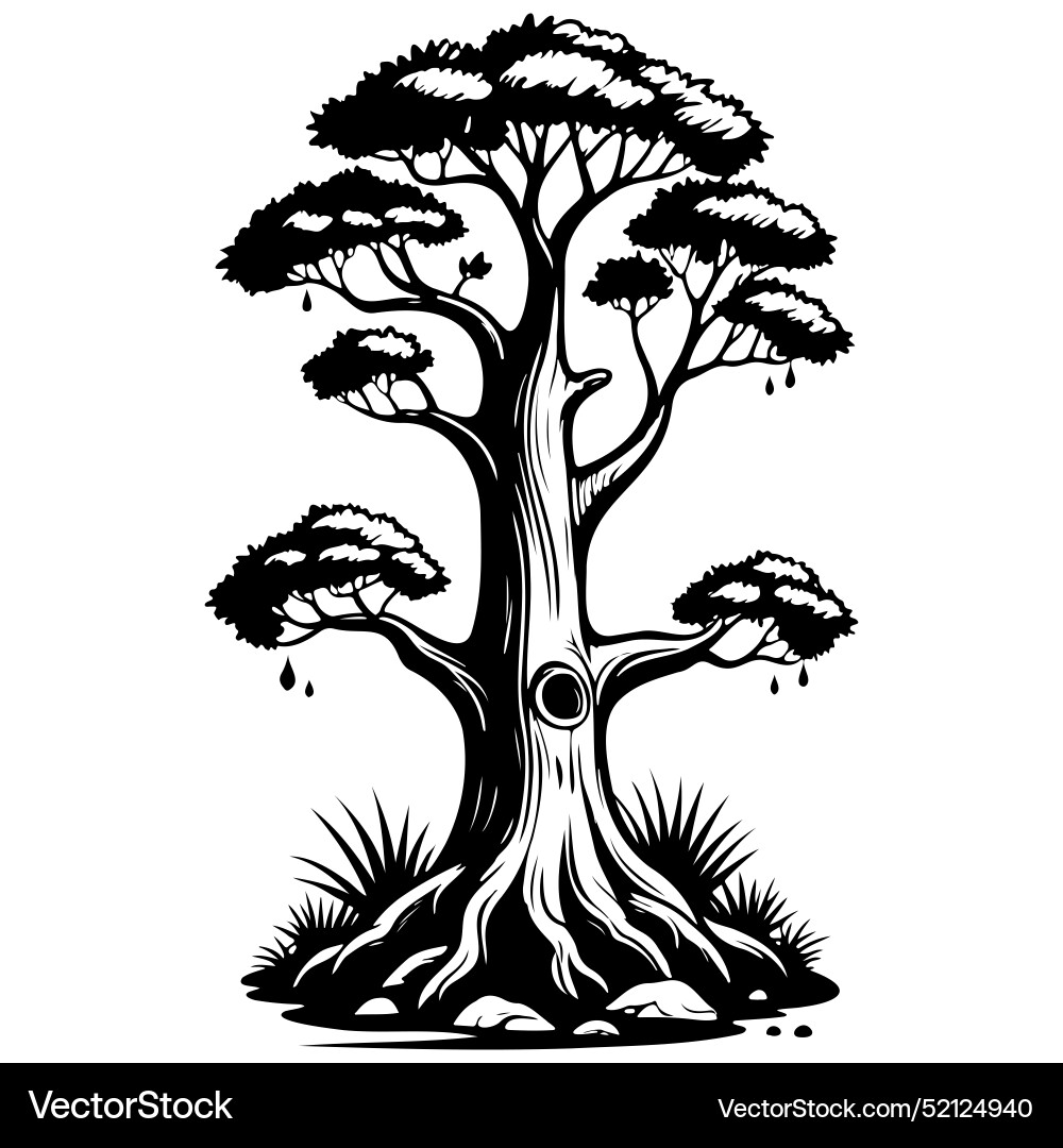 Cartoon tree engraving drawing of black Royalty Free Vector