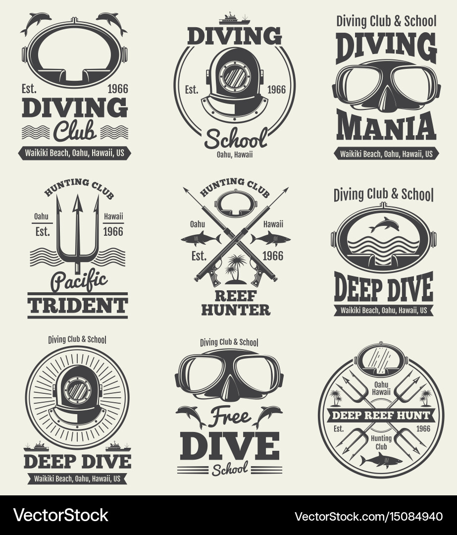 Scuba diving vintage labels spearfishing Vector Image