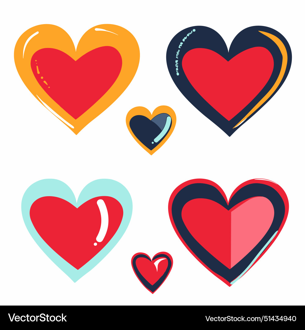 Six stylized hearts various sizes colors Vector Image