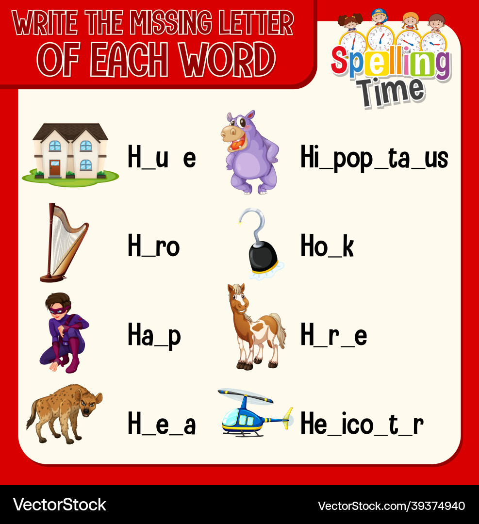 Write the missing letter of each word worksheet Vector Image