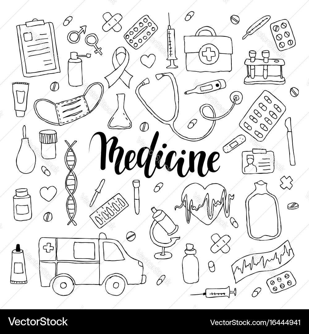 Big set hand drawn doodle medicine Royalty Free Vector Image