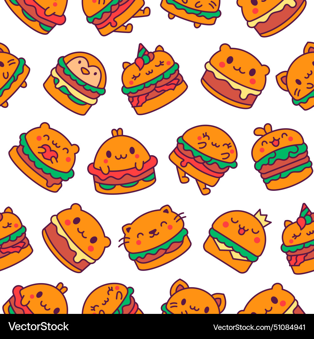 Cute kawaii animal burger seamless pattern Vector Image