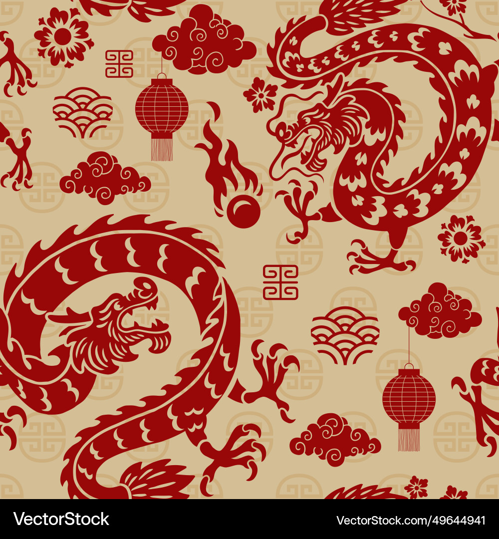 Seamless pattern of red asian dragon and element Vector Image