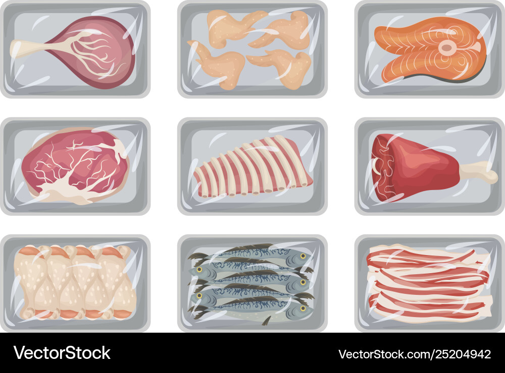 Fresh meat in packages set supermarket box Vector Image