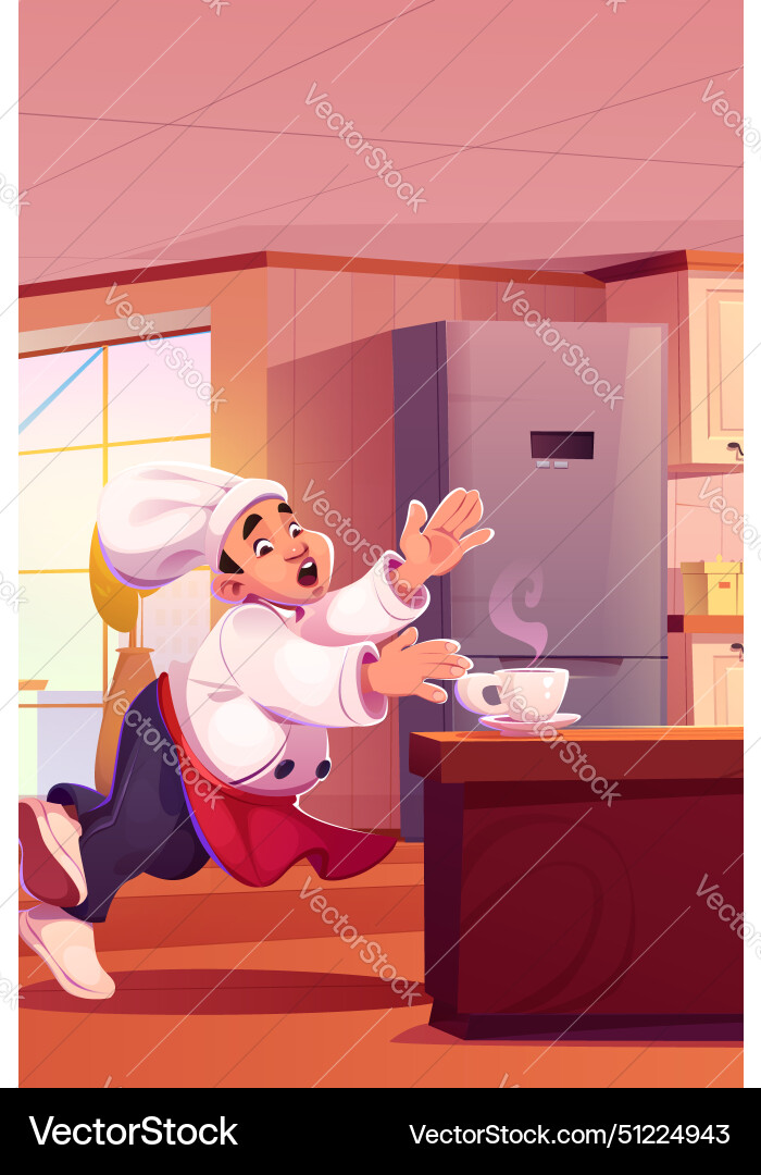 Chef on restaurant kitchen with cup of coffee Vector Image