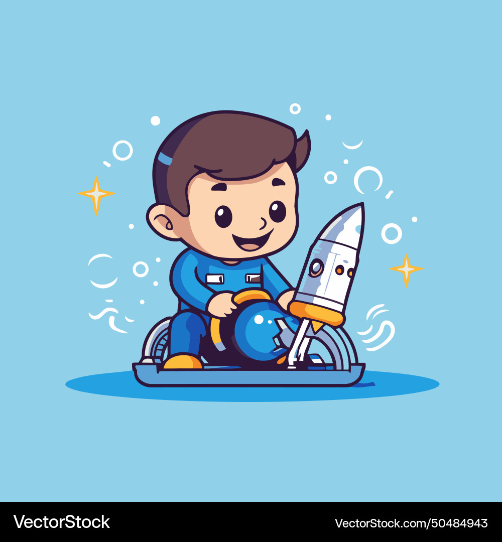 Cute little boy riding a toy rocket cartoon Vector Image