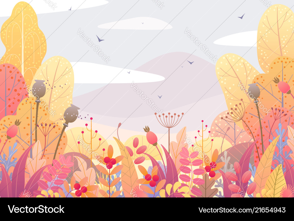 Floral border and autumn landscape Royalty Free Vector Image