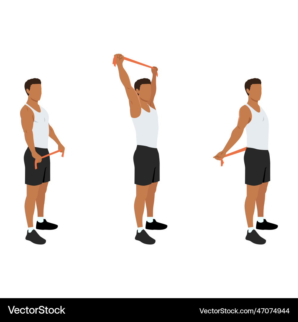 Man doing resistance band chest opener stretch Vector Image