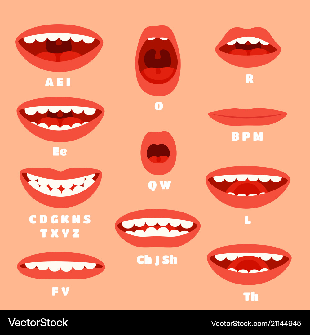 Expressive cartoon articulation mouth lips lip Vector Image