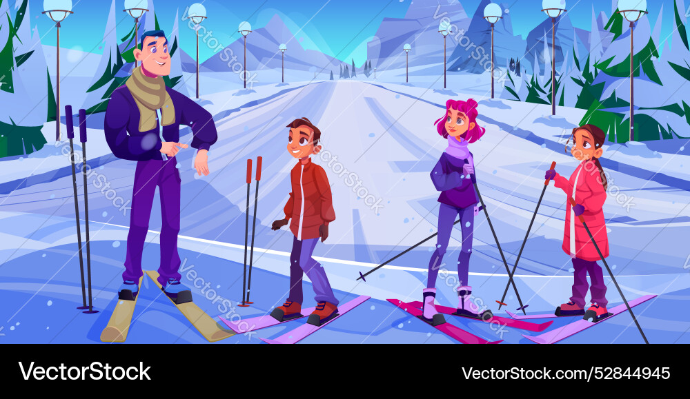 Skiing instructor training children in mountains Vector Image