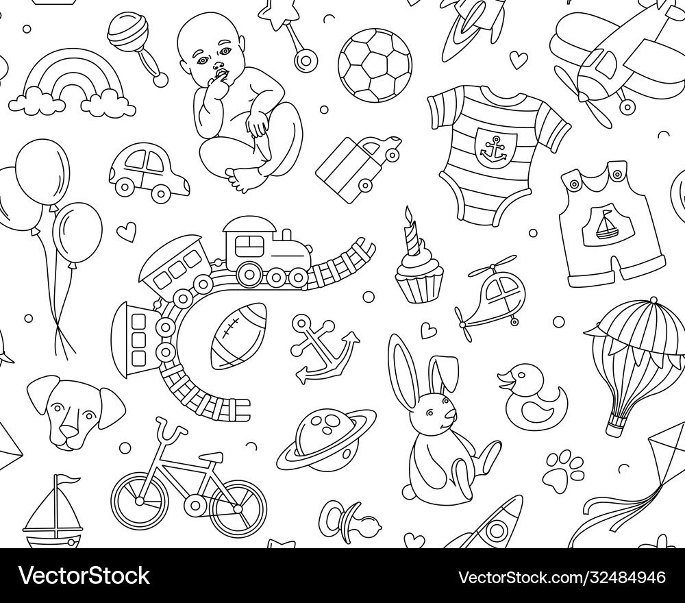 Newborn boy baby shower seamless doodle line Vector Image
