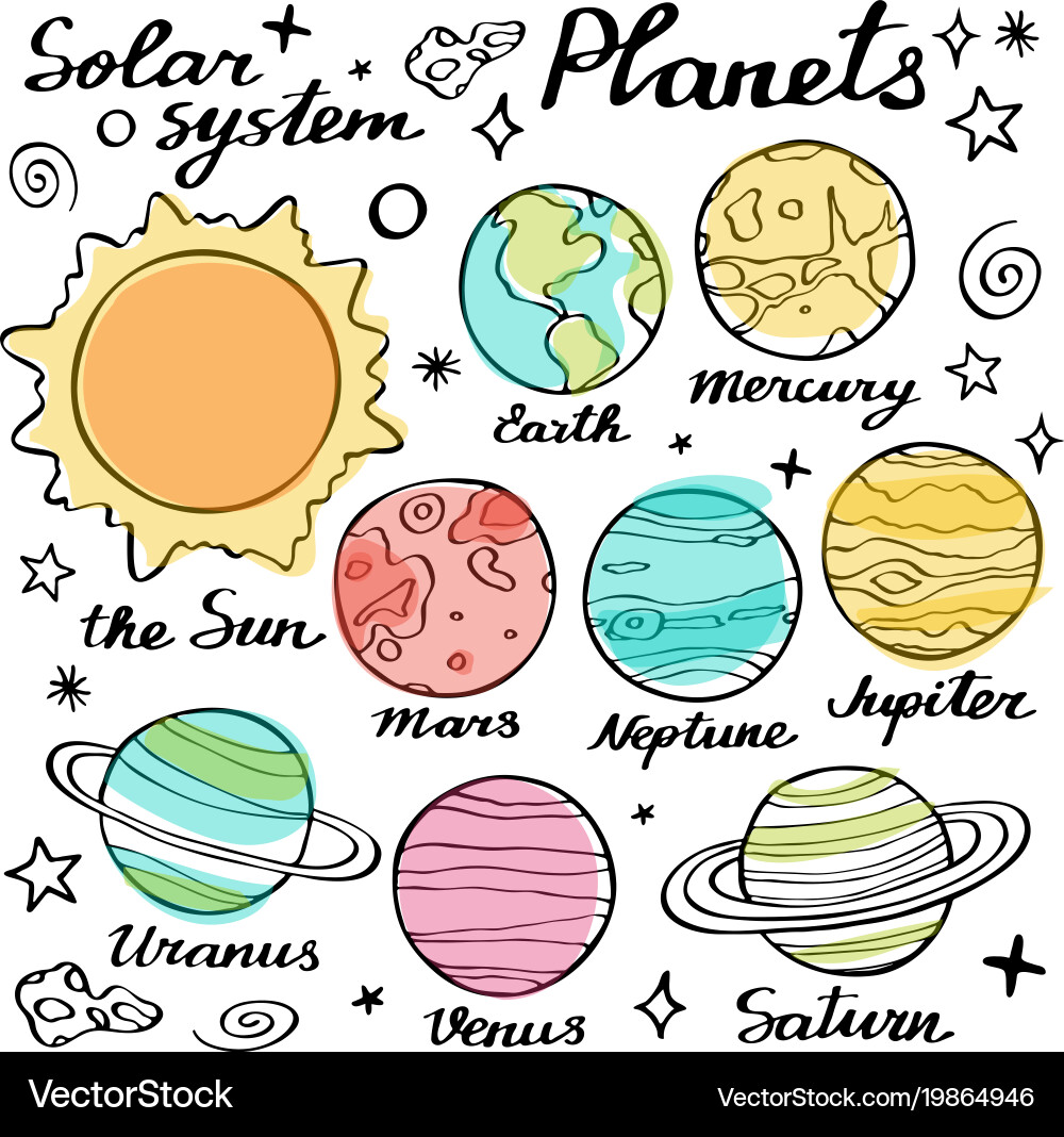 Planets doodle set Royalty Free Vector Image - VectorStock