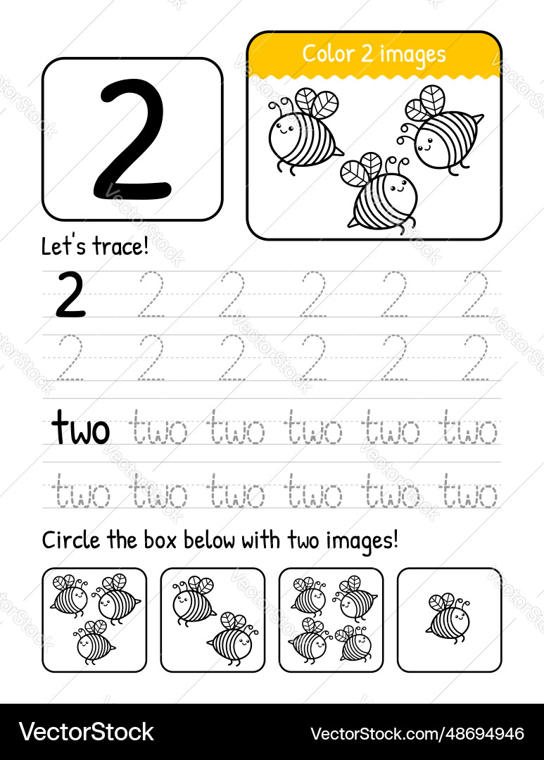 Word and number two tracing book interior Vector Image