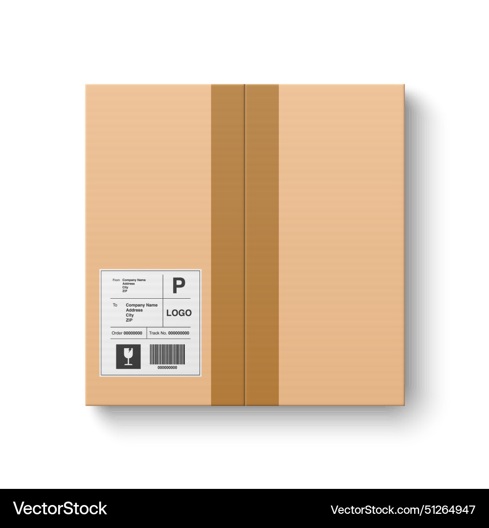 Top view closed cardboard box with shipment label Vector Image