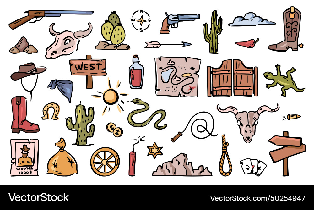 Wild west doodles of typical objects Royalty Free Vector