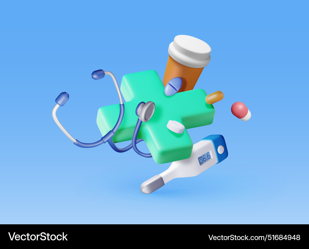 3d first aid kit with stethoscope thermometer Vector Image