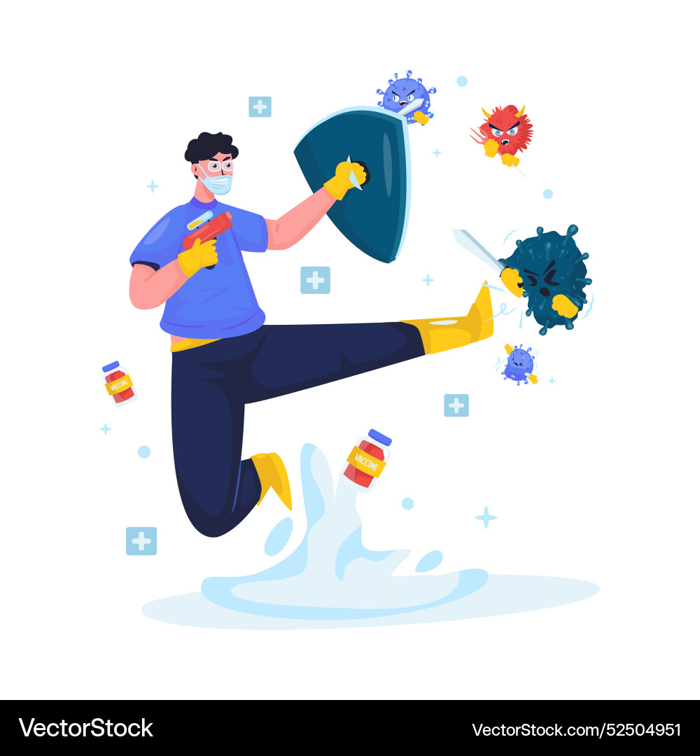 Flat design of a man fighting against viruses Vector Image