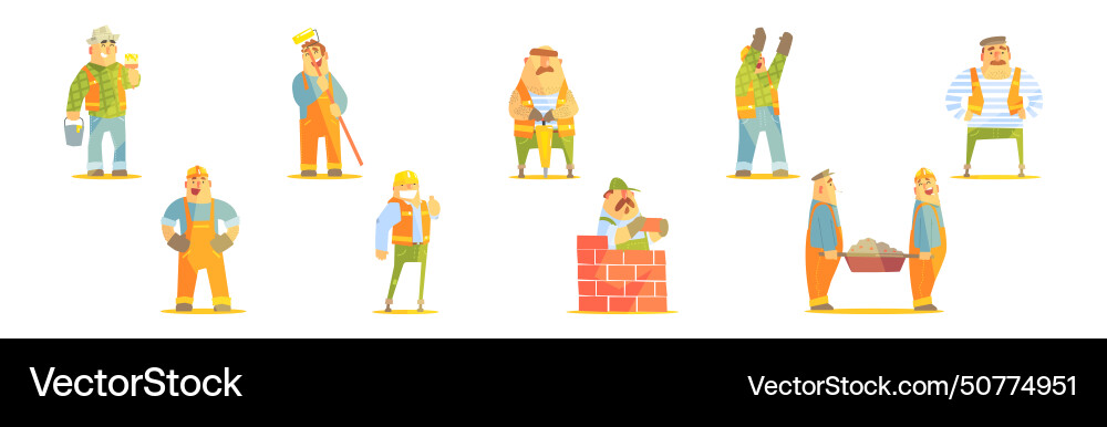 Funny man builder character work at construction Vector Image