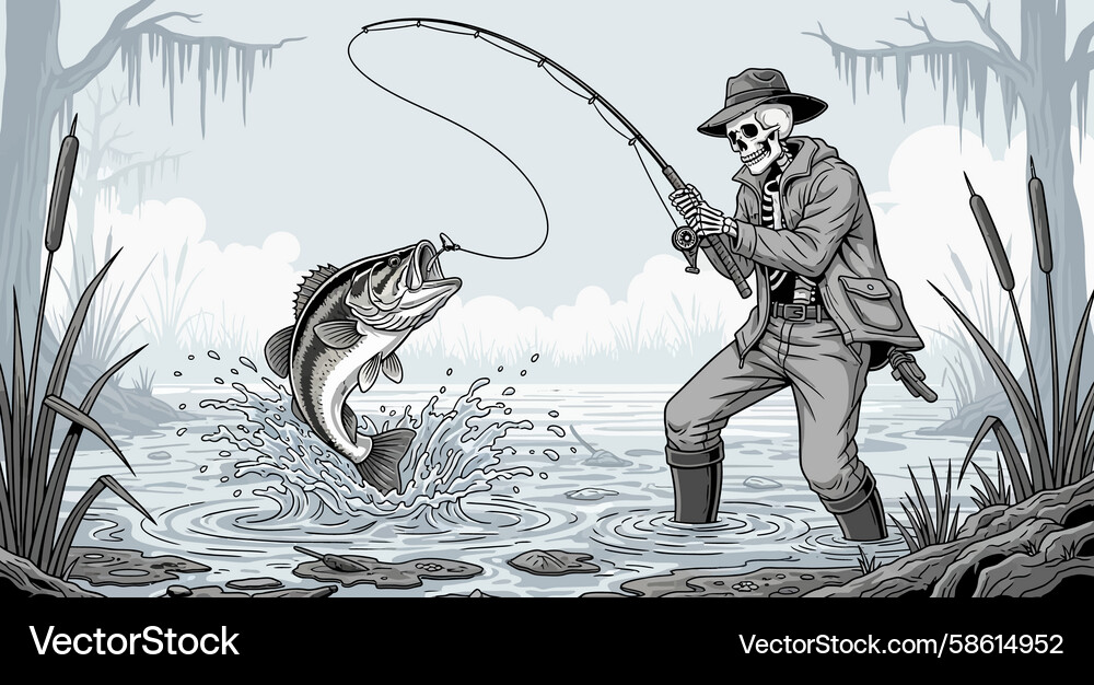 Reaper angler hooking a jumping bass Royalty Free Vector