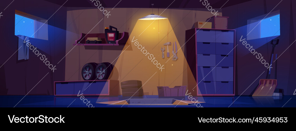 Cartoon garage interior design at night Royalty Free Vector