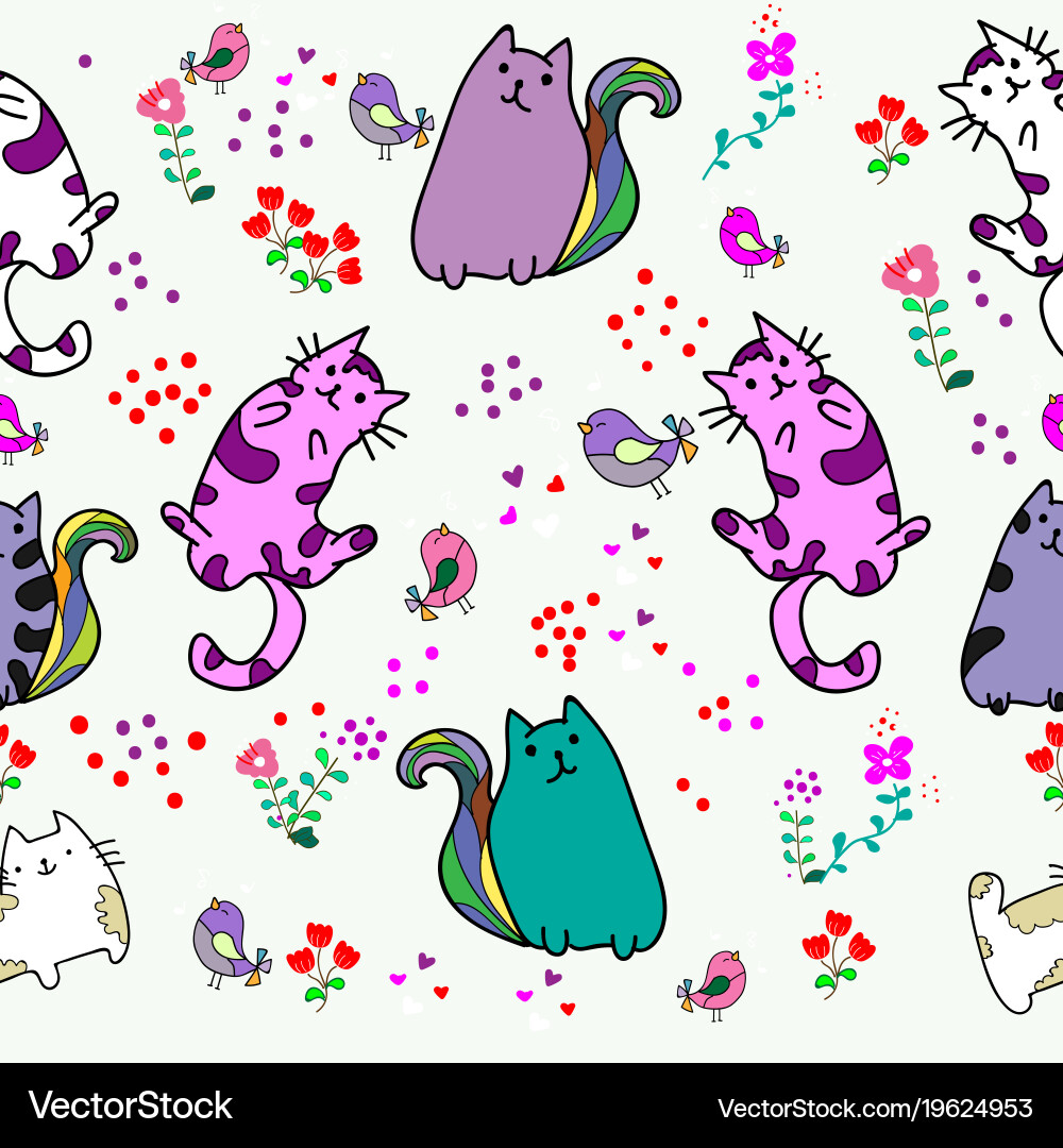 Charming Cat & Bird Pattern Royalty Free Vector Image