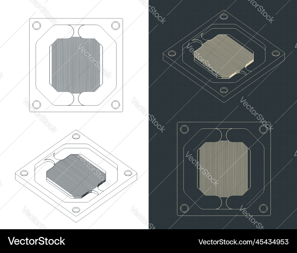 Cpu water cooling block base blueprints Royalty Free Vector