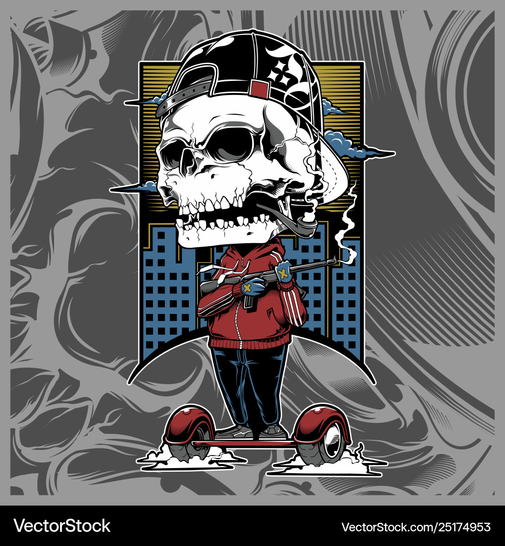 Skull mafia holding gun hand drawing Royalty Free Vector