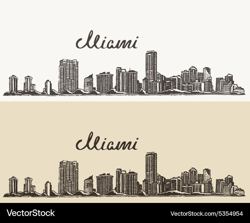 Miami skyline engraved hand drawn sketch Vector Image