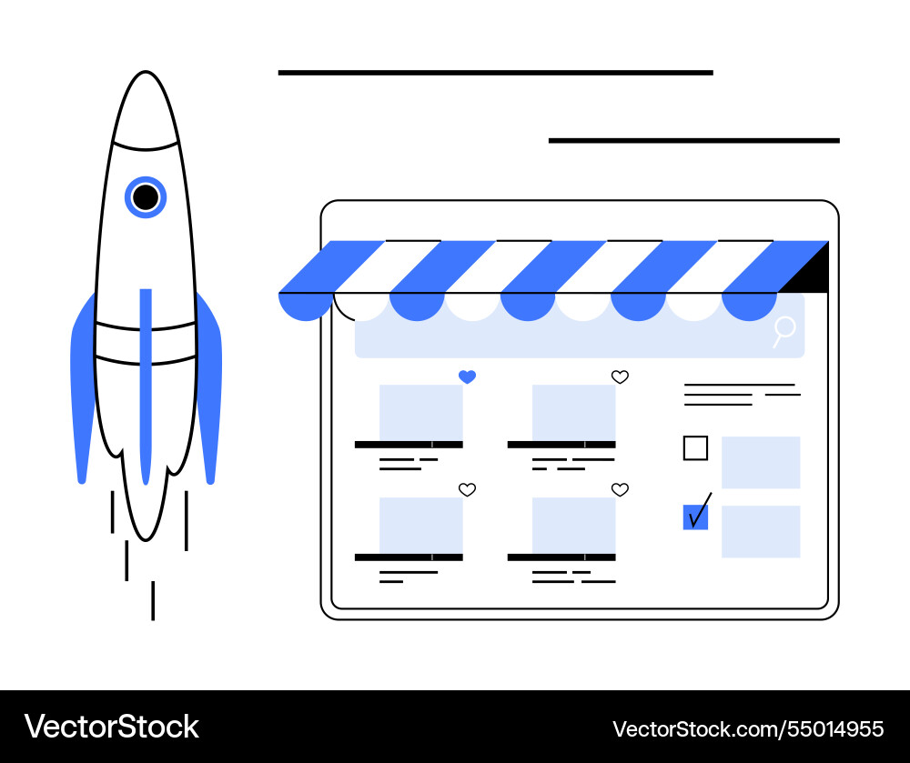 Rocket launching next to a tablet screen Vector Image