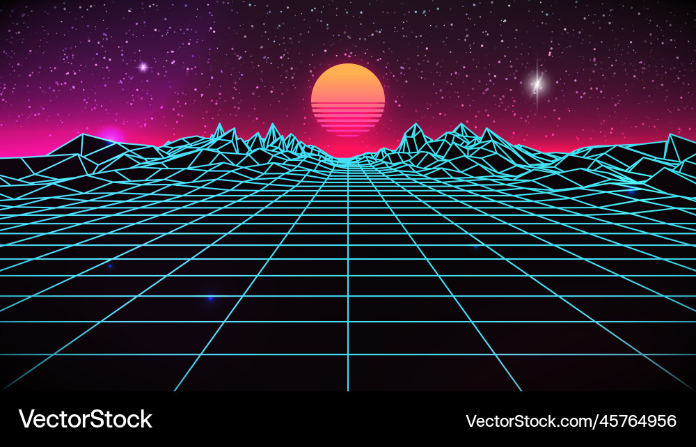 Synthwave sunset background 80s sun wireframe Vector Image