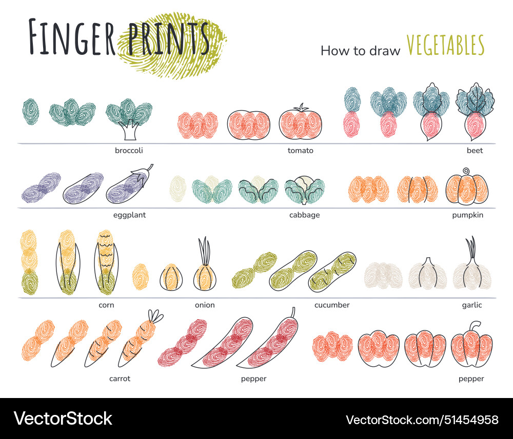 Fingerprint art how to draw vegetables Royalty Free Vector